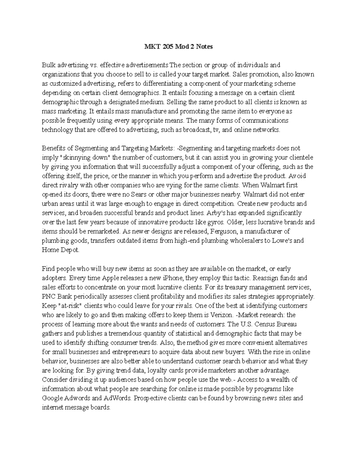 MKT 205 Mod 2 Notes - MKT 205 Mod 2 Notes Bulk advertising vs ...