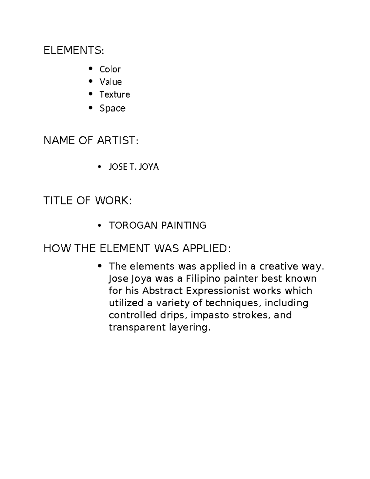 ARTS Mapeh - Junior High School - ELEMENTS: Color Value Texture Space ...