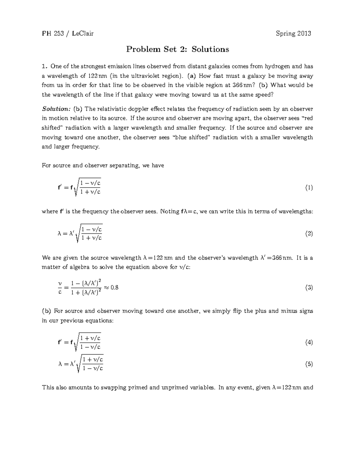 HW 2 relativity 24 Jan 2013 key - PH 253 LeClair Spring 2013 Problem ...