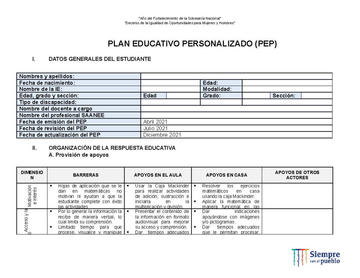 Modelo PEP - 2022 HUACHO PERU - “Decenio de la Igualdad de ...