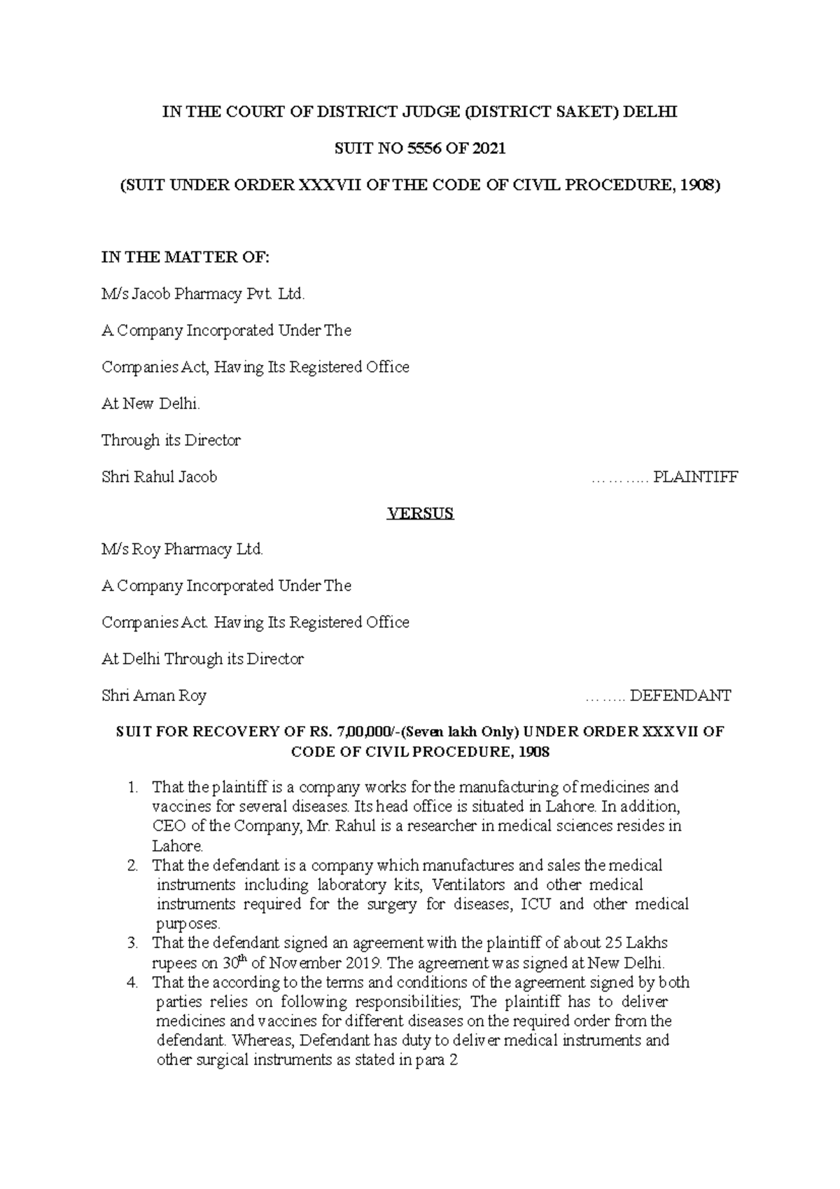 Submission Plaint - IN THE COURT OF DISTRICT JUDGE (DISTRICT SAKET ...