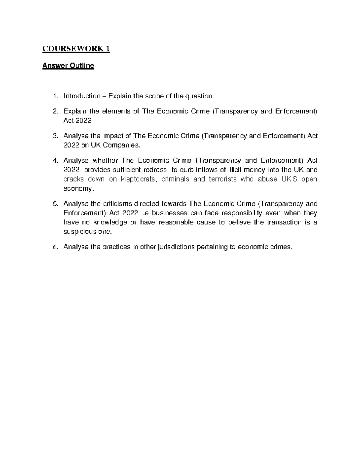 Guidelines Coursework 1 - COURSEWORK 1 Answer Outline Introduction ...