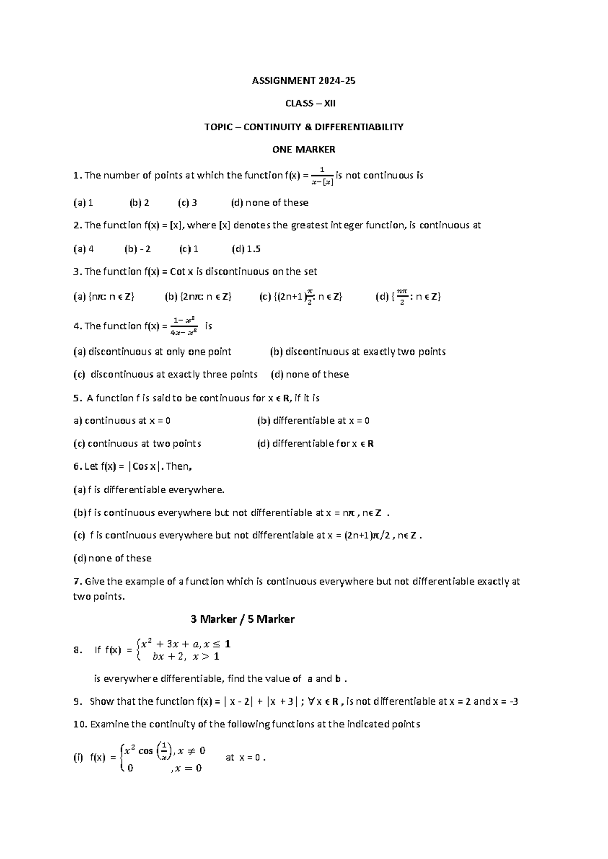 Assignment Continuity& Differentiability 2024-25 - ASSIGNMENT 2024 - 25 CLASS – XII TOPIC ...
