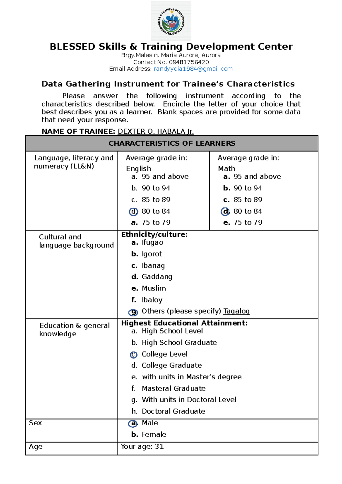 TNA- Forms Group 8 Driving NCII - BLESSED Skills & Training Development ...