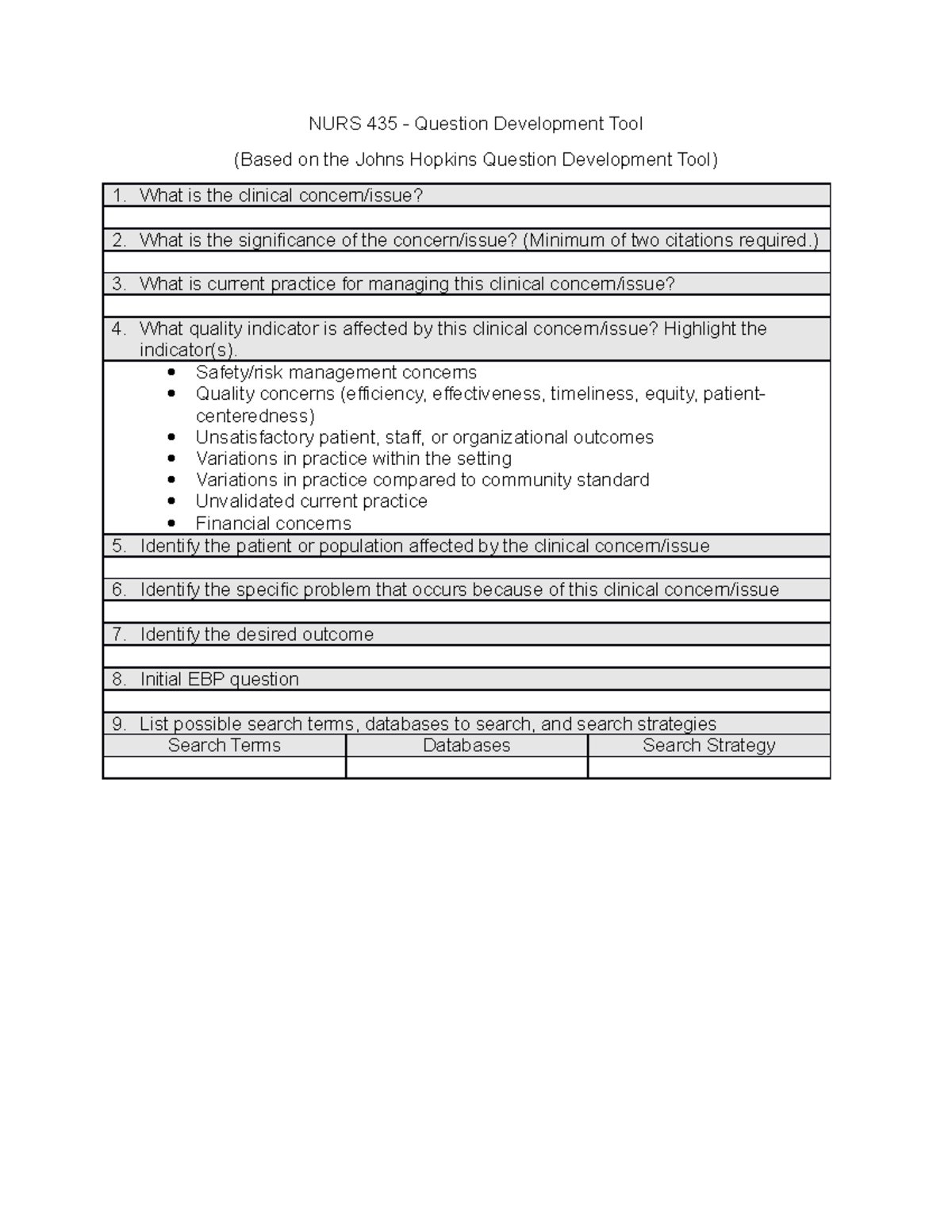NURS 435 Question Development Tool-Fall 2022(2) - NURS 435 - Question ...