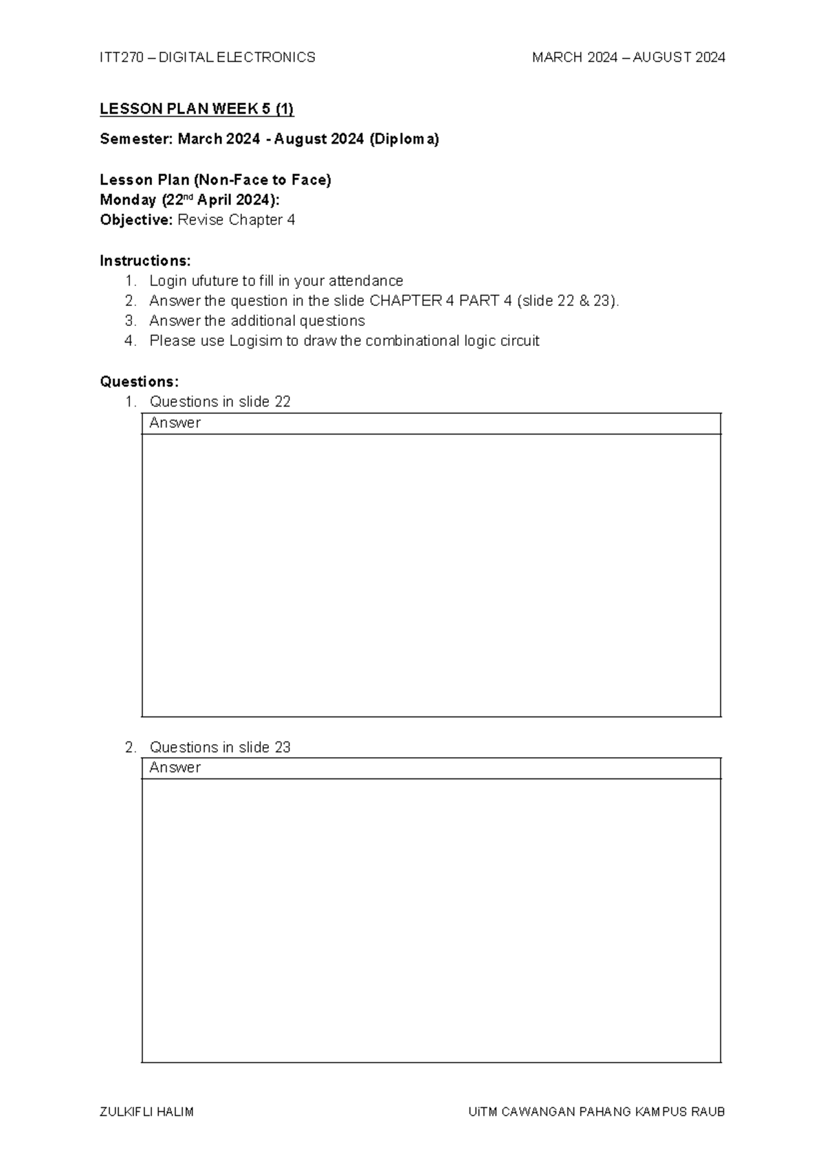 TUTORIAL ITT270 - LESSON PLAN WEEK 5 ( 1 ) Semester: March 2024 ...