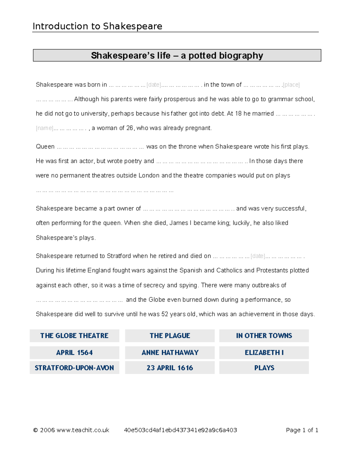Shakespeare potted biography - Introduction to Shakespeare Shakespeare ...