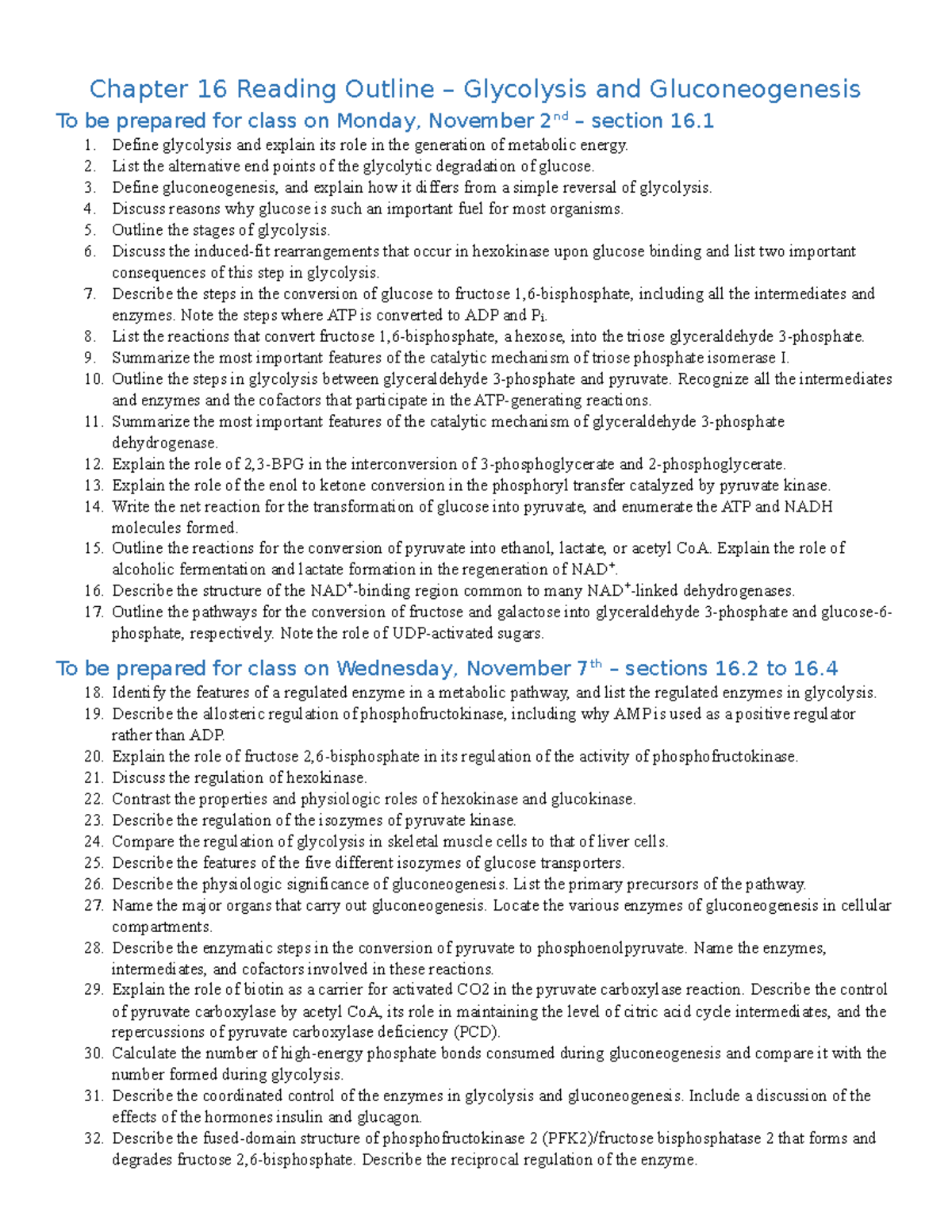 Chapter 16 Reading Outline - Chapter 16 Reading Outline – Glycolysis ...