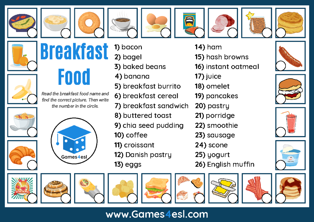 Breakfast Food List PDF - 1) bacon 2) bagel 3) baked beans 4) banana 5) breakfast burrito 6 ...