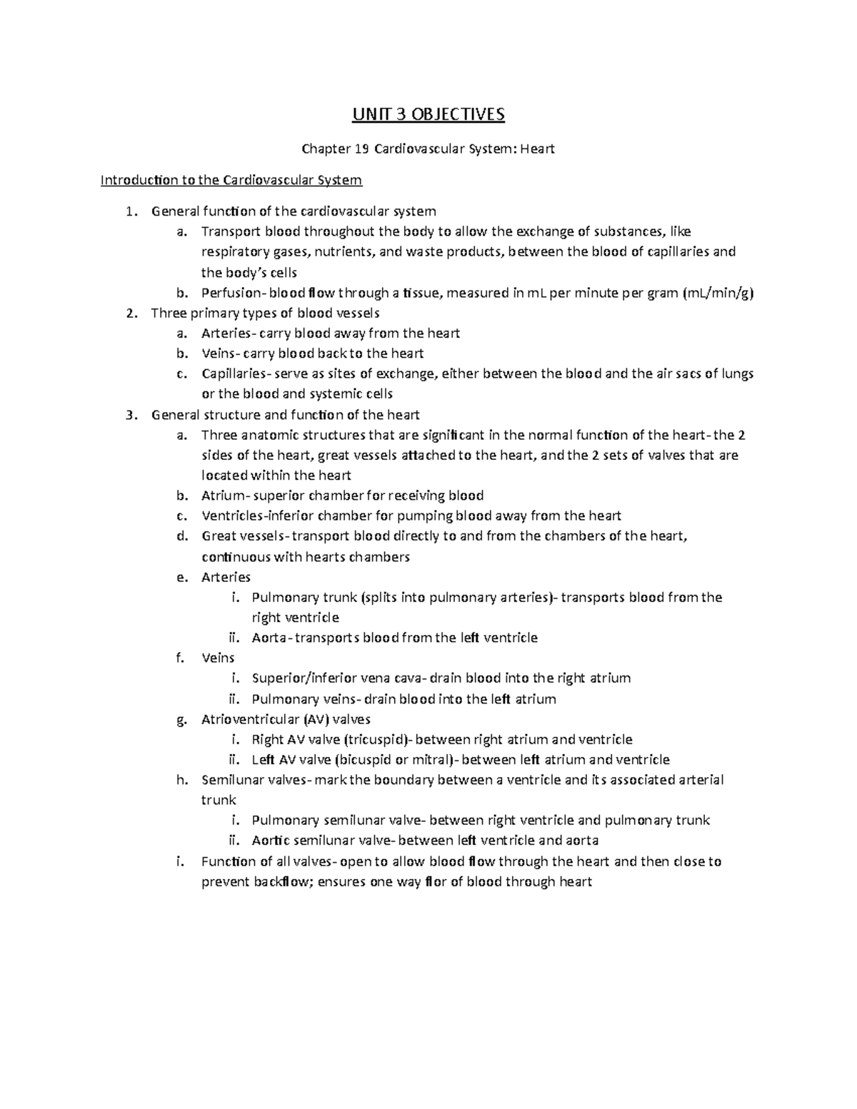 Unit 3 objectives - cardiovascular system- heart, vessels, and ...