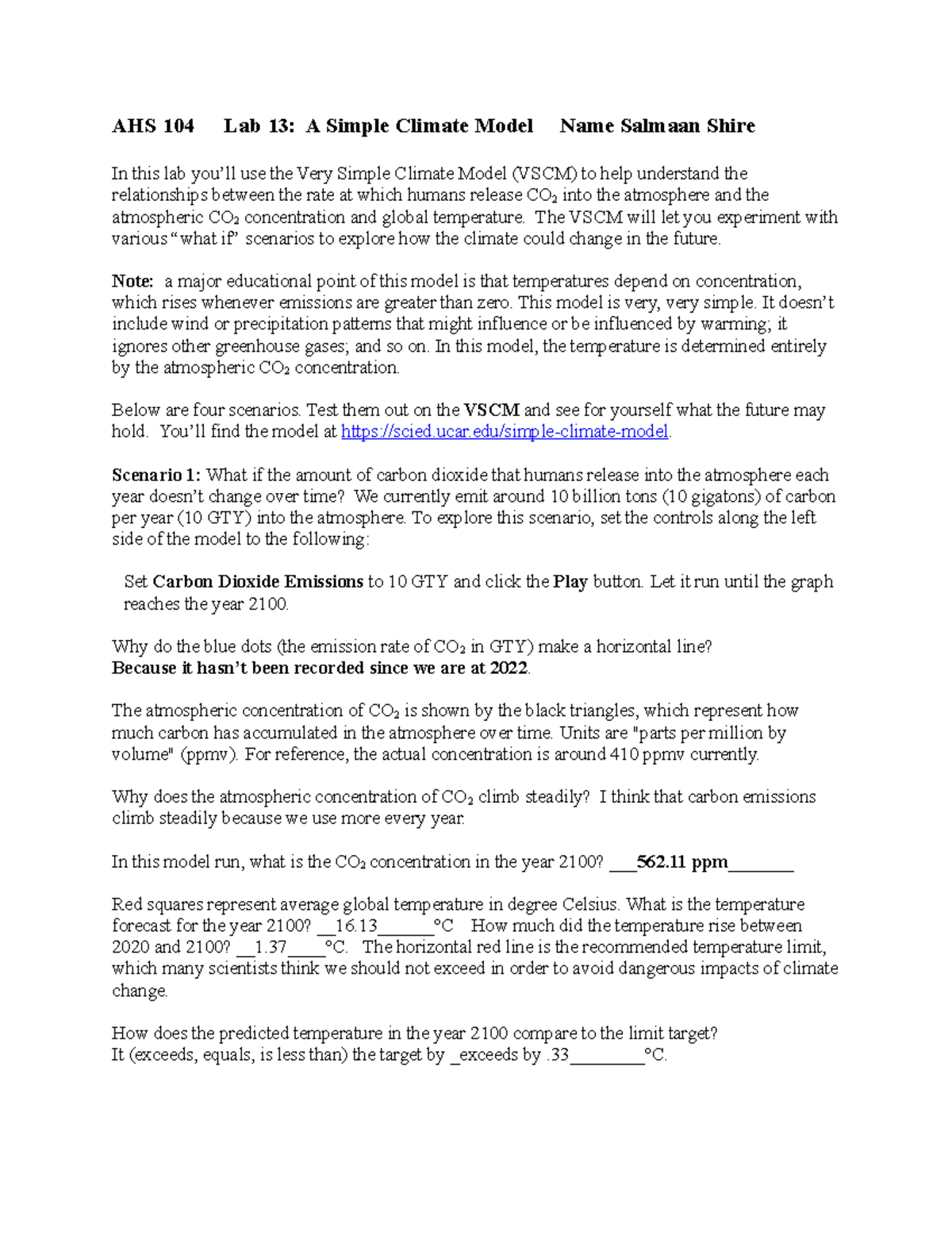 AHS 104 Lab 13 climate model - AHS 104 Lab 13: A Simple Climate Model ...