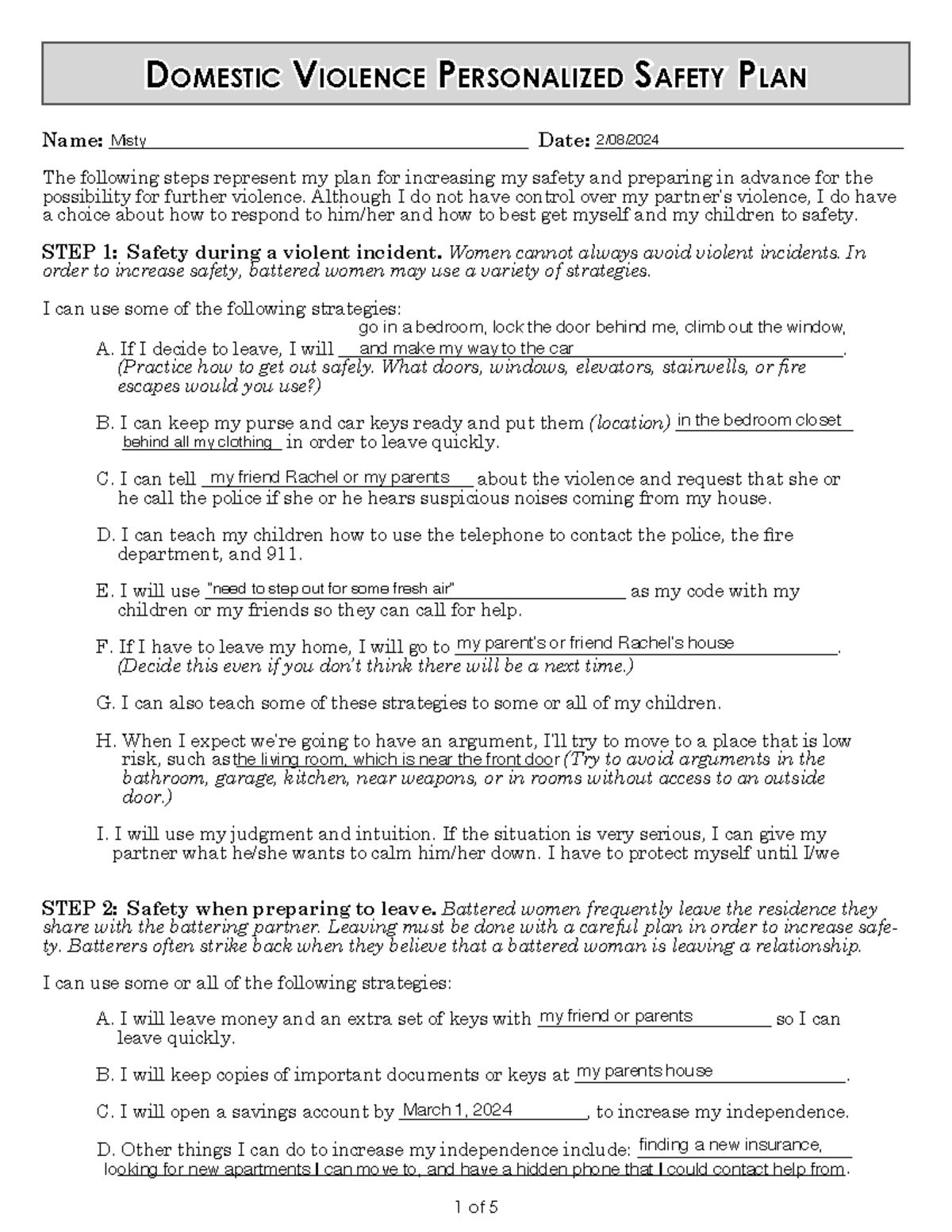 DV Safety Plan - D OMESTIC VIOLENCE PERSONALIZED SAFETY PLAN Name ...