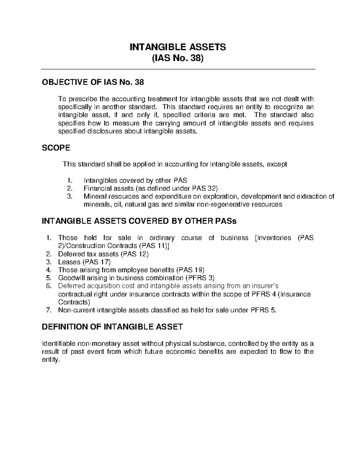Summary OF PAS 38 Intangible Assets - INTANGIBLE ASSETS (IAS No. 38 ...