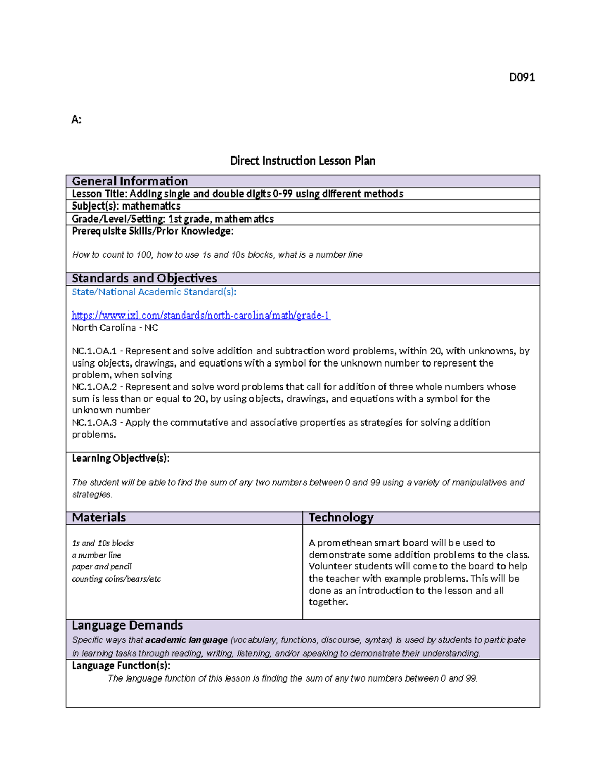 fundamentals of diverse learners task 2 - D A: Direct Instruction ...