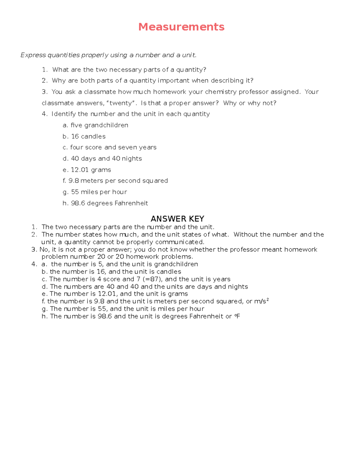 Section 1.3 Worksheet - class practice assignment - Measurements ...