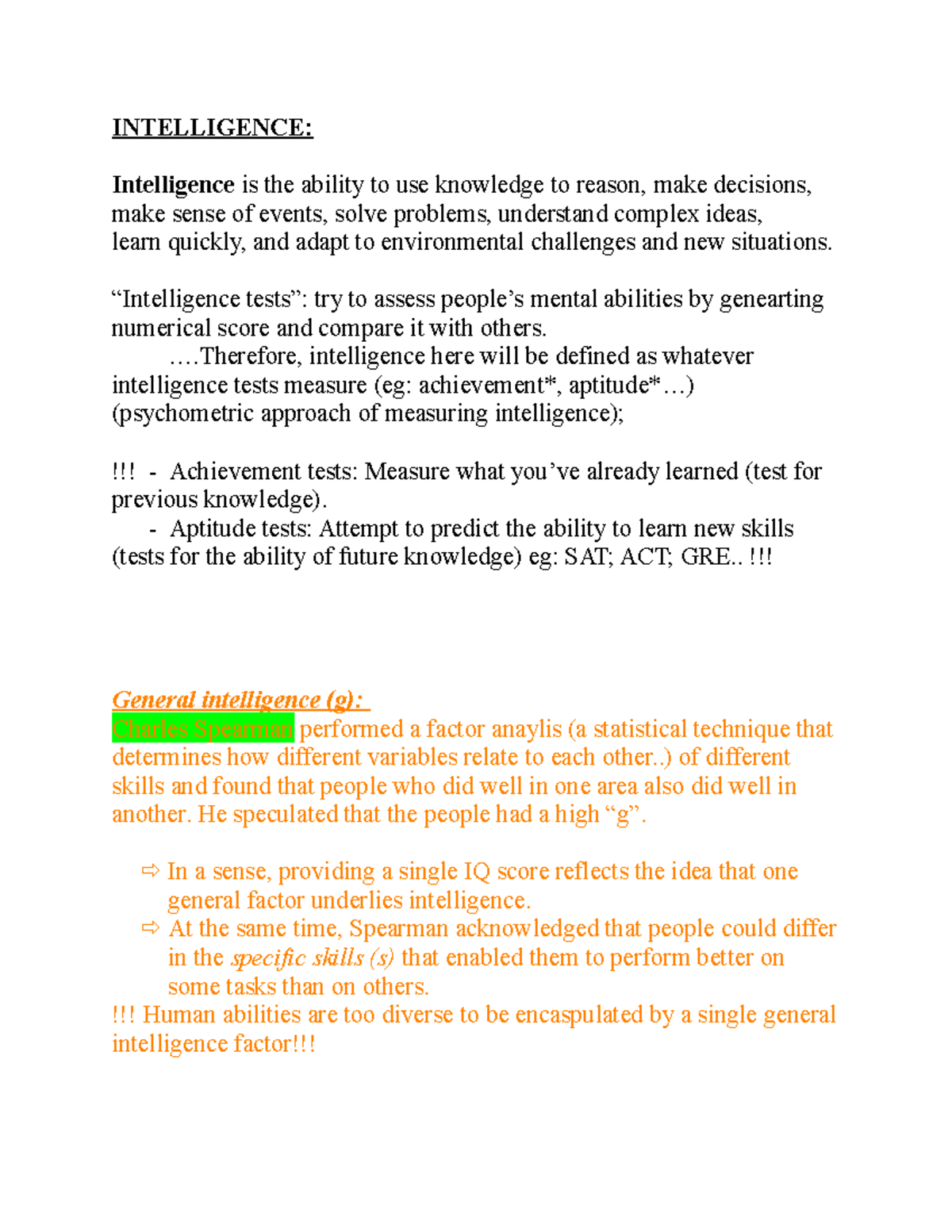 Intelligence- psych - INTELLIGENCE: Intelligence is the ability to use ...