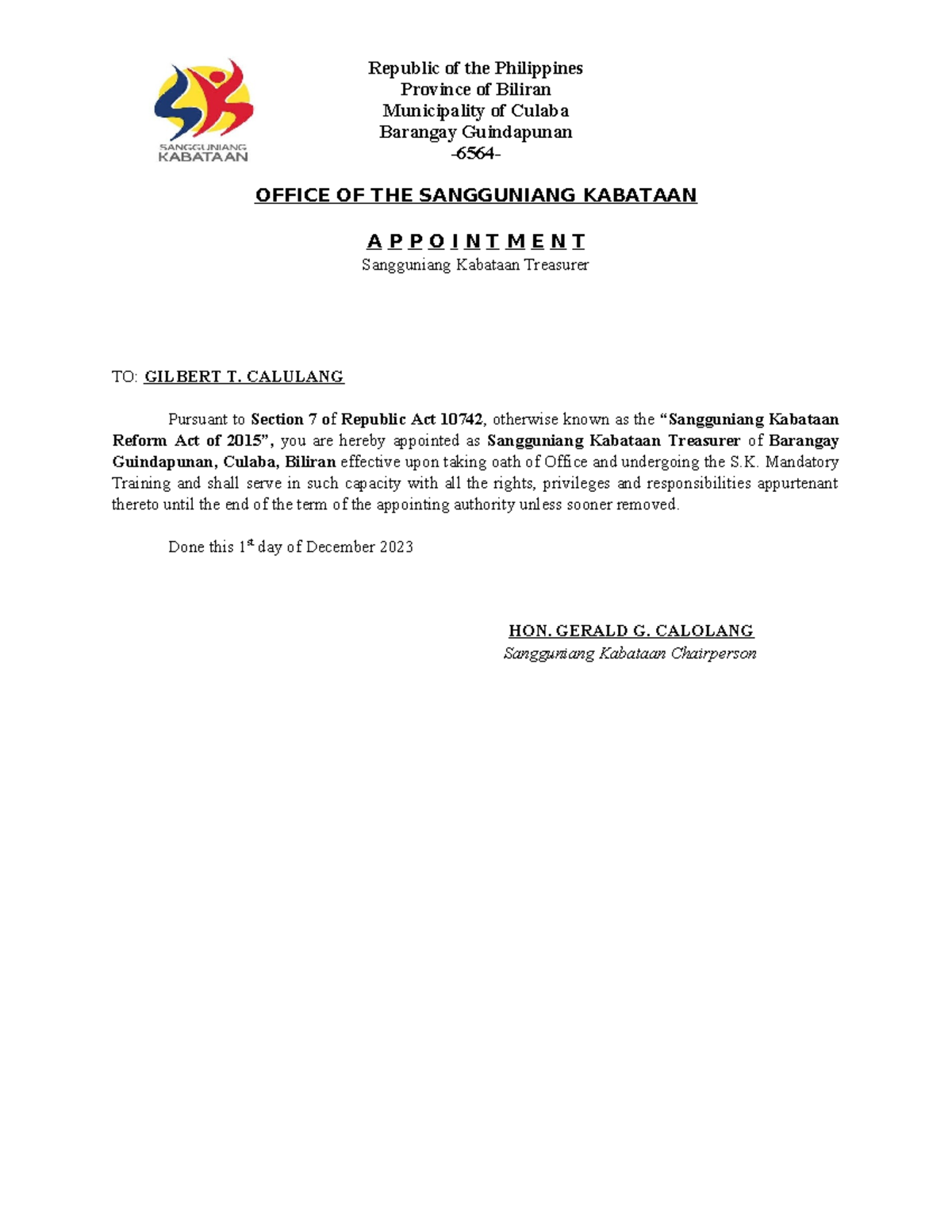 Appointment SK Treas - this is my short note. - Republic of the ...