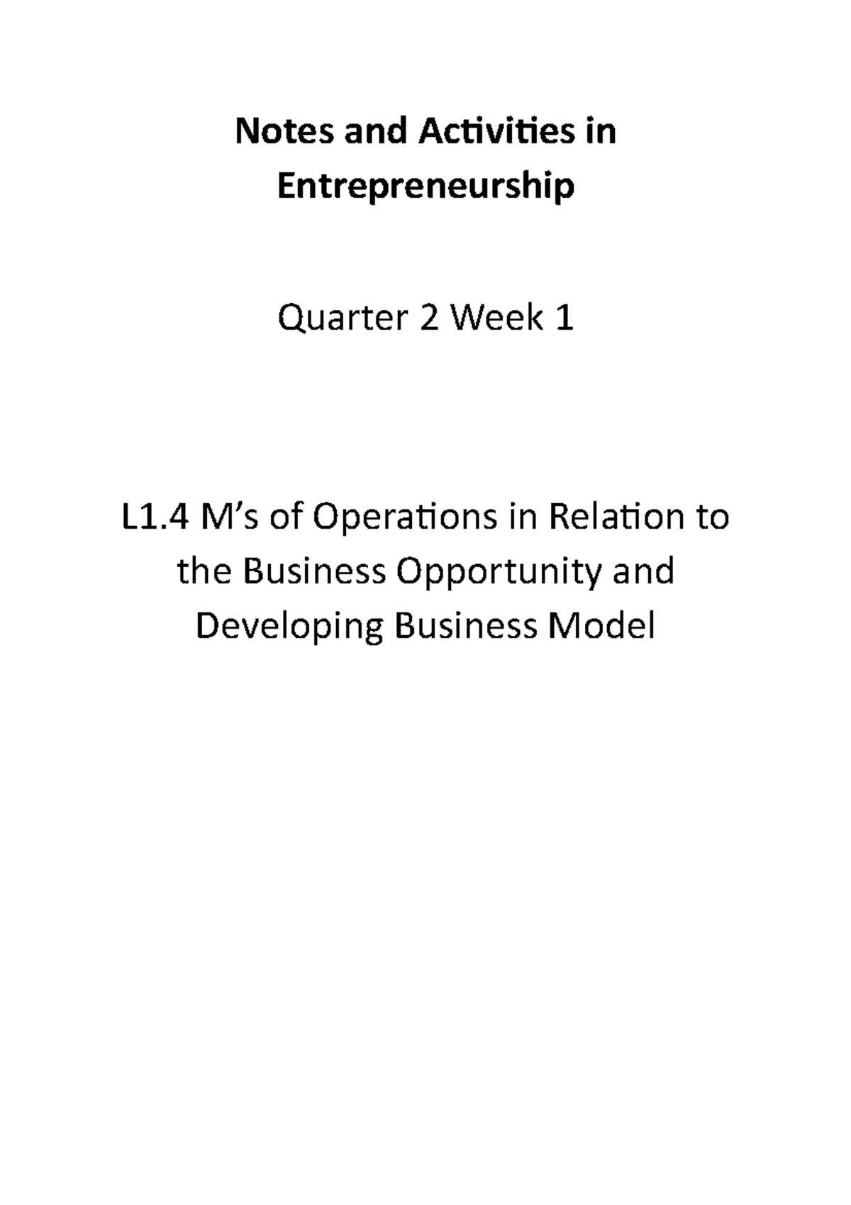 Q 2 Week 1 - entrepreneurship reviewer - Notes and Activities in ...