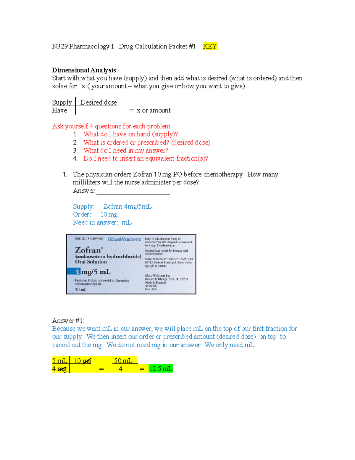 N329 Calculation Packet 1 KEY - N329 Pharmacology I Drug Calculation ...