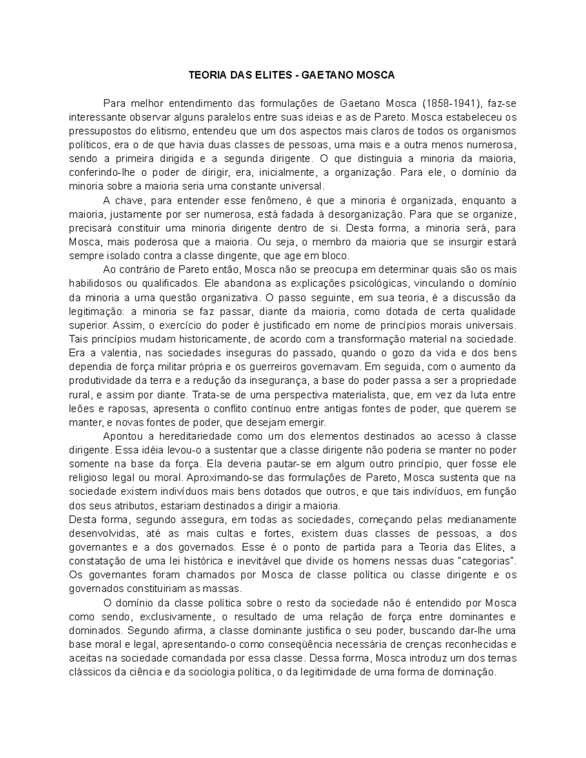 TPII- Teoriadaselites- Gaetanomosca - TEORIA DAS ELITES GAETANO MOSCA ...
