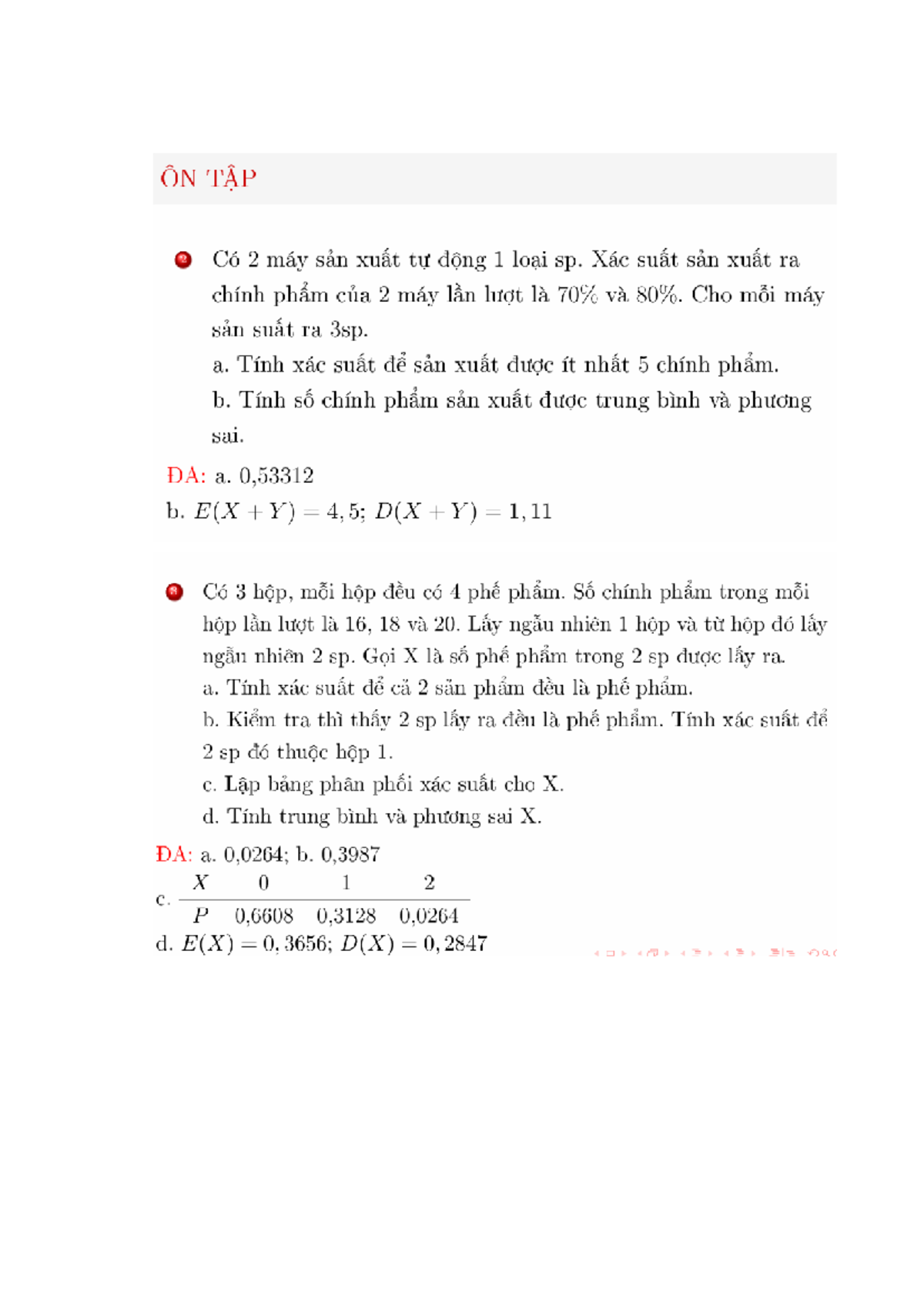 Ltxstk - bài tập tham khảo môn lý thuyết xác suất thống kê - ÔN TÂP Có 2 máy sán xuát tu dong 1 ...