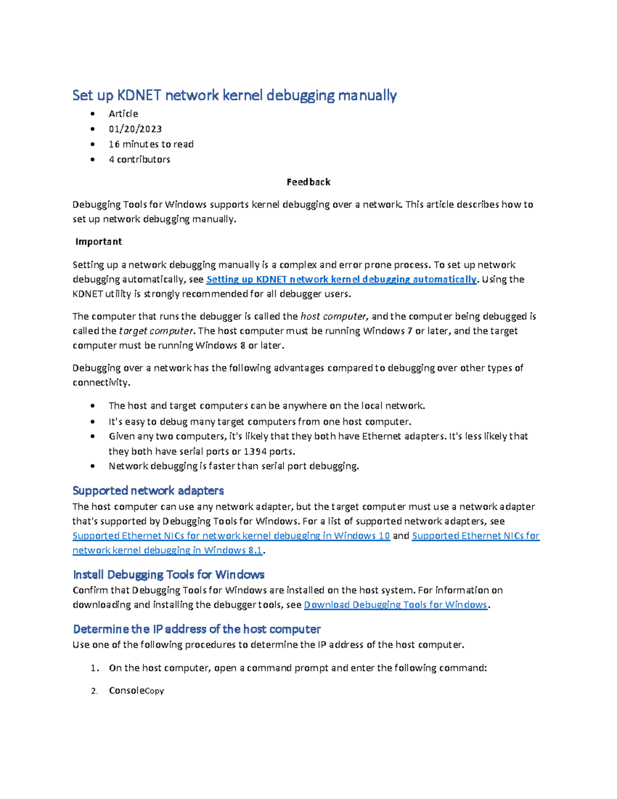 Document 33 (34) - Bob - Set up KDNET network kernel debugging manually Article 01/20/ 16 ...