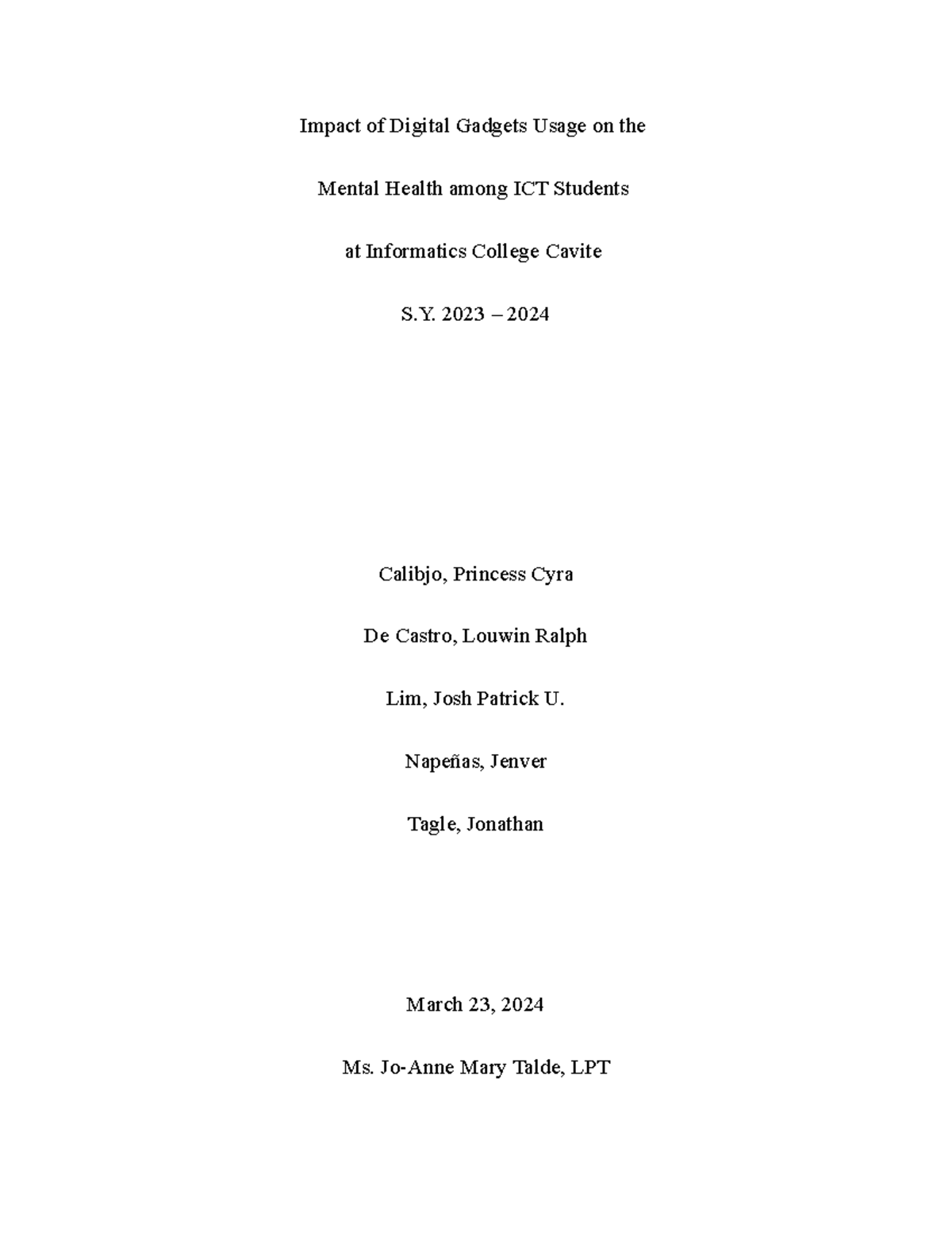 Impact of Digital Gadgets Usage on the Mental Health - 2023 – 2024 ...