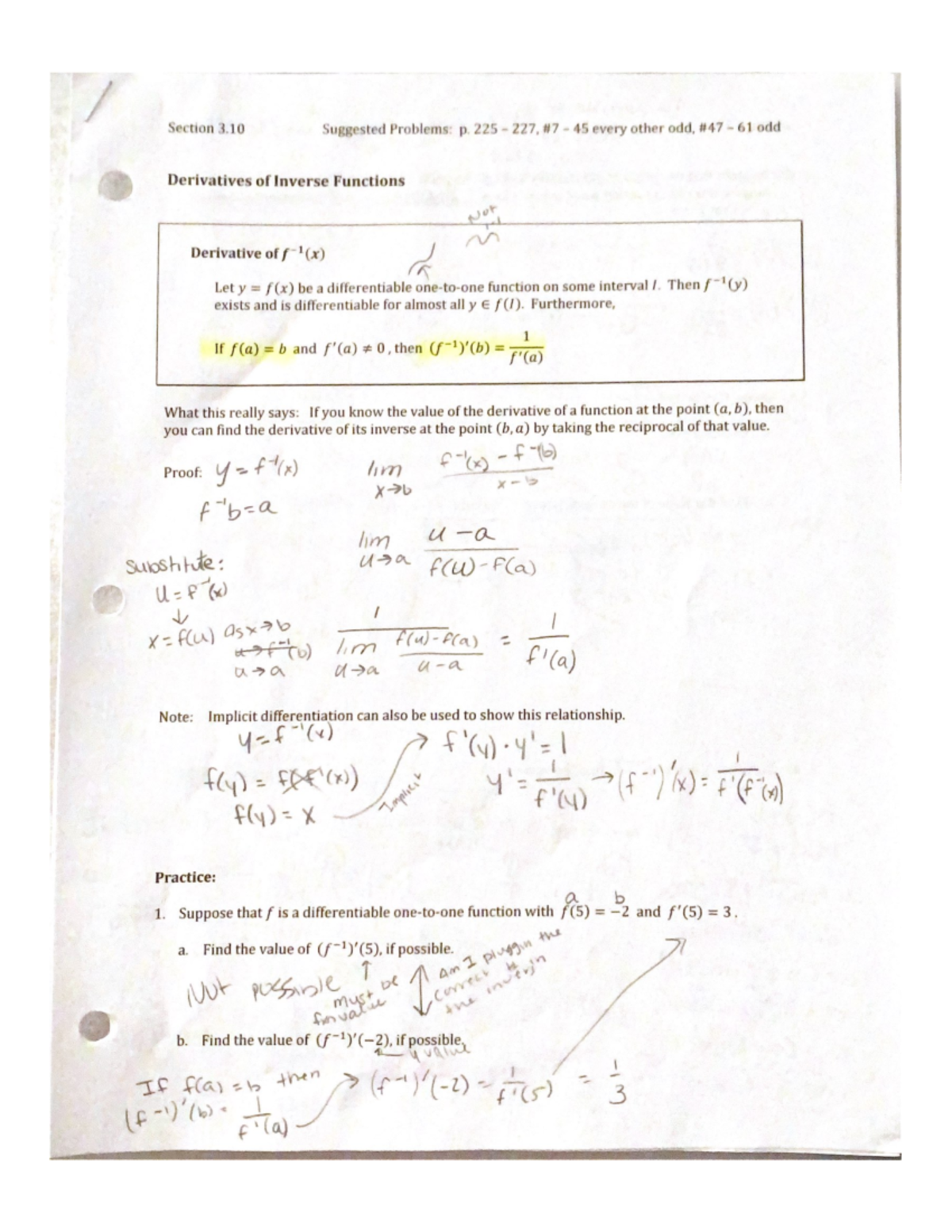 Section 3.10 Derivatives Of Inverse Functions - MATH 203 - Studocu
