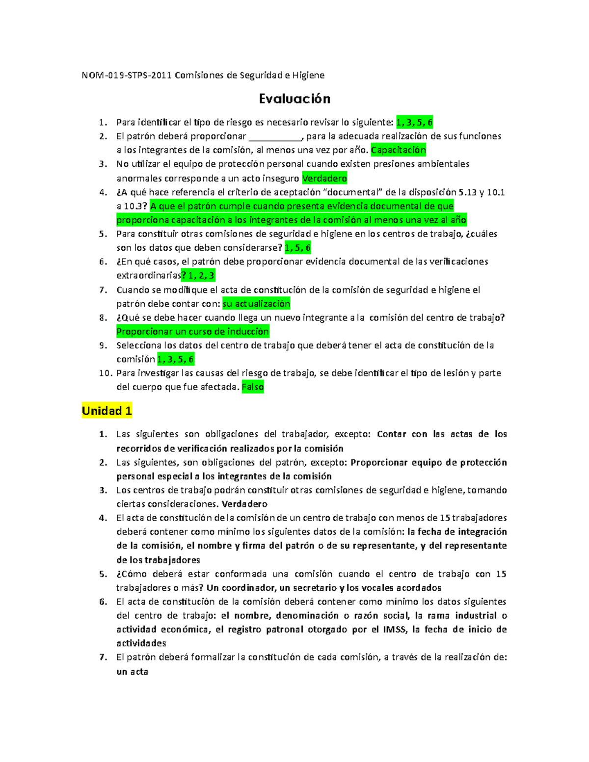 Comision de Seguridad e Higiene Actividades y Examen Final - NOM- 019 - STPS-2011 Comisiones de ...