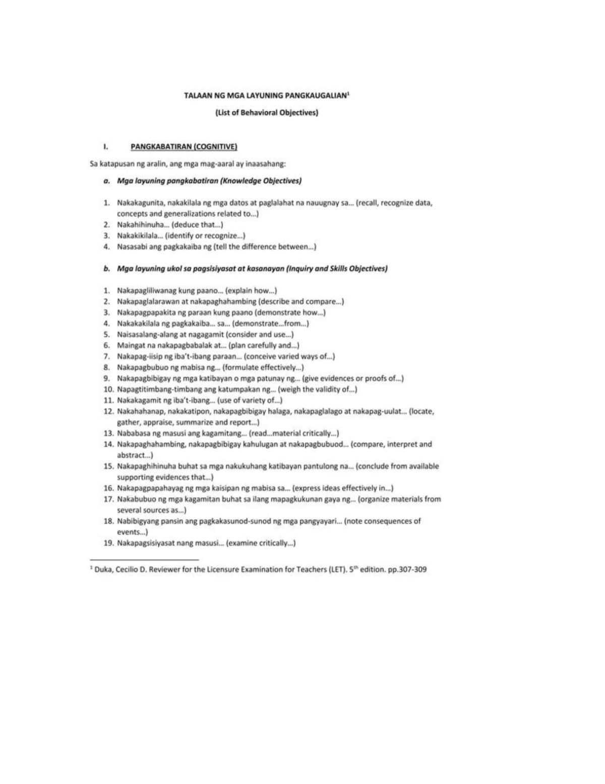 Verbs checklist for lesson objectives filipino - TALAAN NG MGA LAYUNING ...