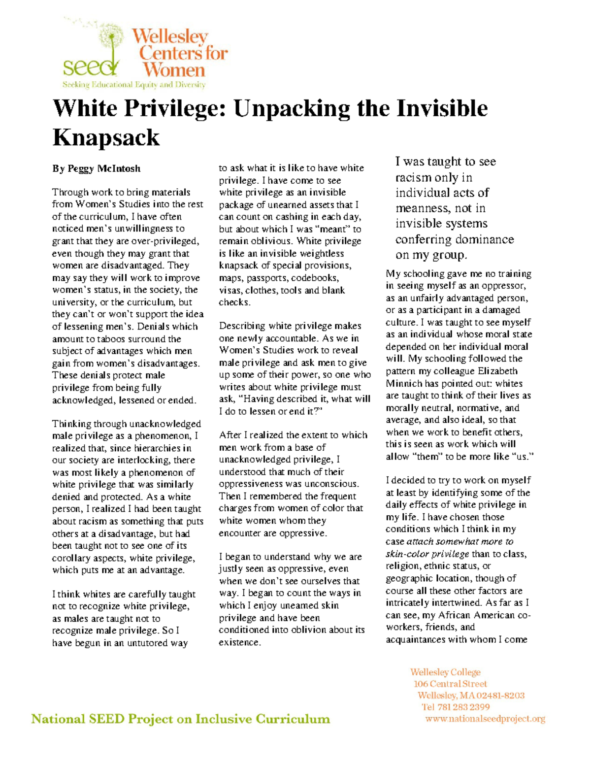 Knapsack plus Notes-Peggy Mc Intosh - Whit e Privilege : Unpacking the ...