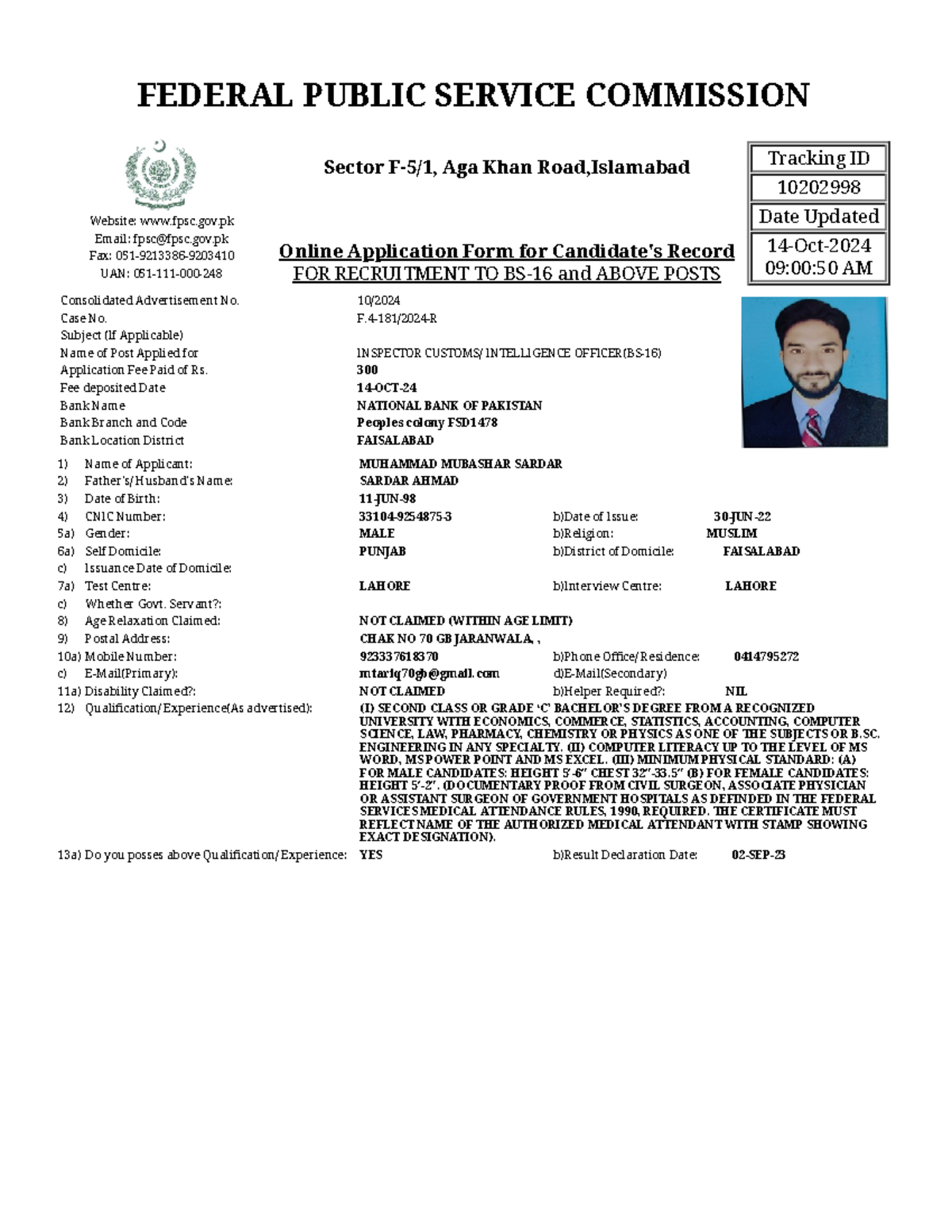 Application Print - Per for all - FEDERAL PUBLIC SERVICE COMMISSION Website: fpsc.gov Email ...
