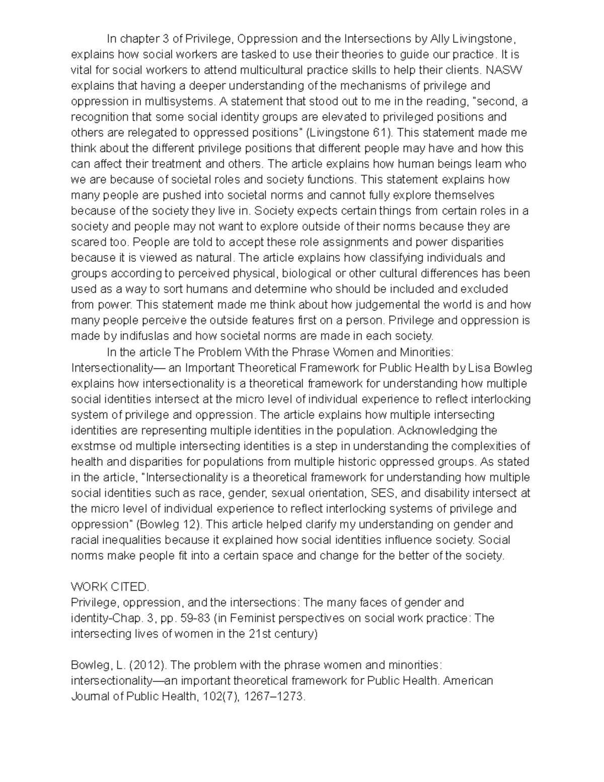 Module 3 Reflection - In chapter 3 of Privilege, Oppression and the ...