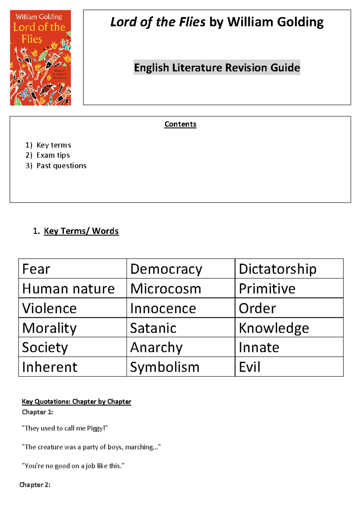 Lord of the Flies Revision Guide - 1. Key Terms/ Words Fear Democracy ...