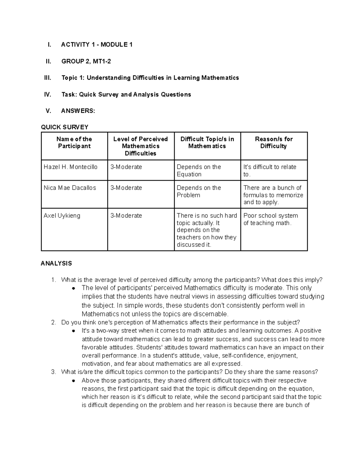 Group II, Survey and Analysis Final - I. ACTIVITY 1 - MODULE 1 II ...