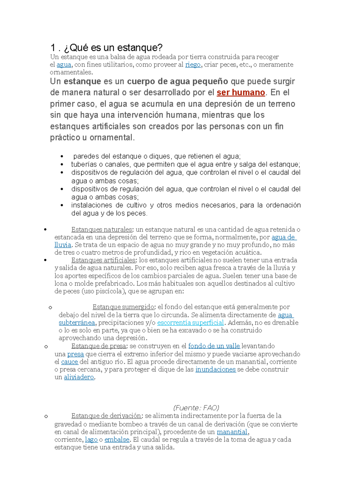 1 - estanques - 1. ¿Qué es un estanque? Un estanque es una balsa de ...