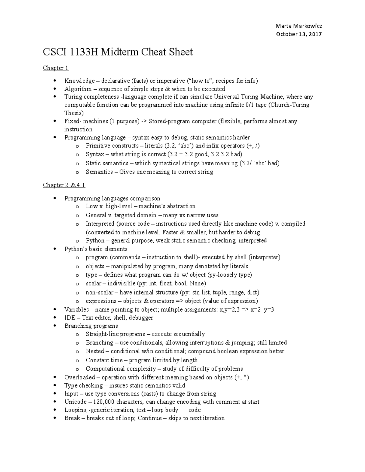 Midterm 1 reference sheet - Marta Markowicz October 13, 2017 CSCI 1133H Midterm Cheat Sheet ...