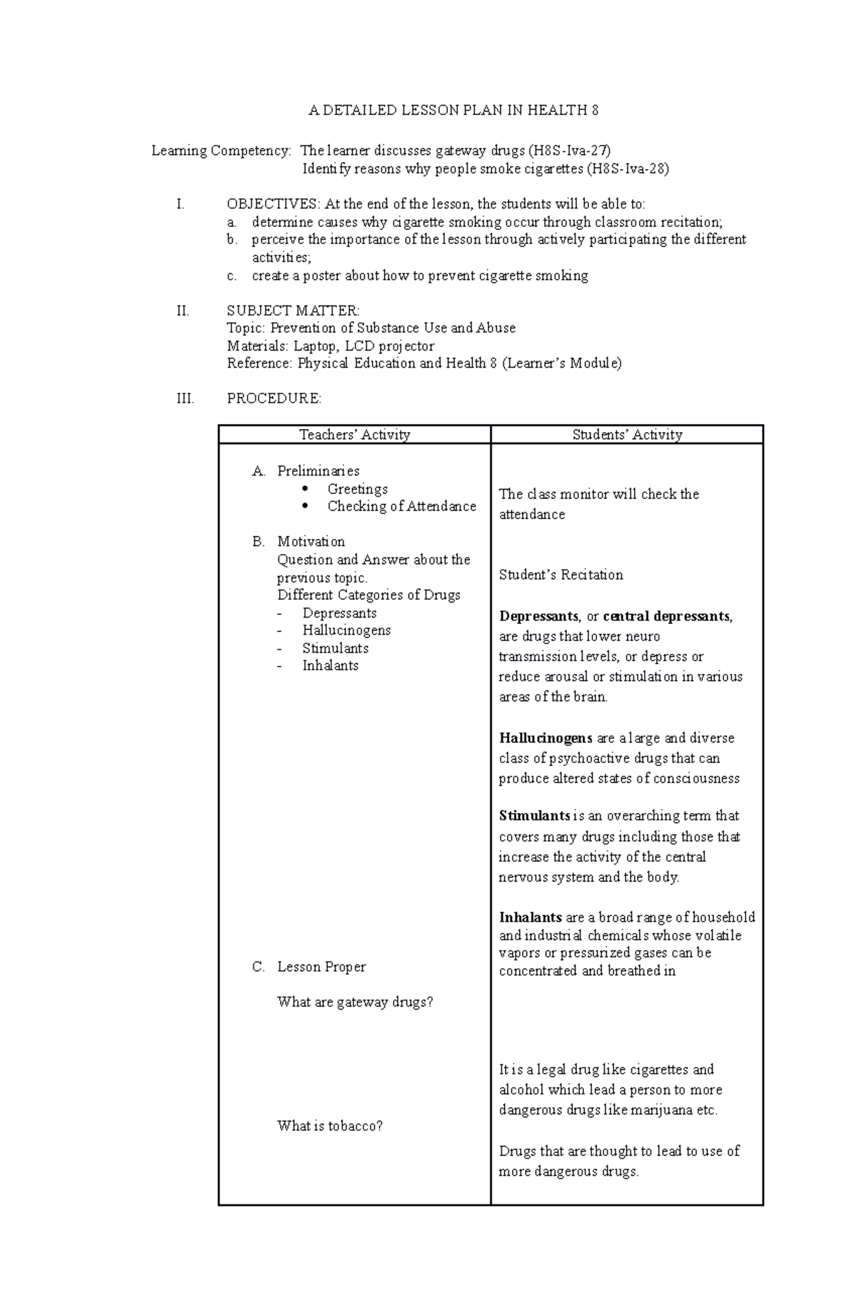Lesson Plan on MAPEH - A DETAILED LESSON PLAN IN HEALTH 8 Learning ...