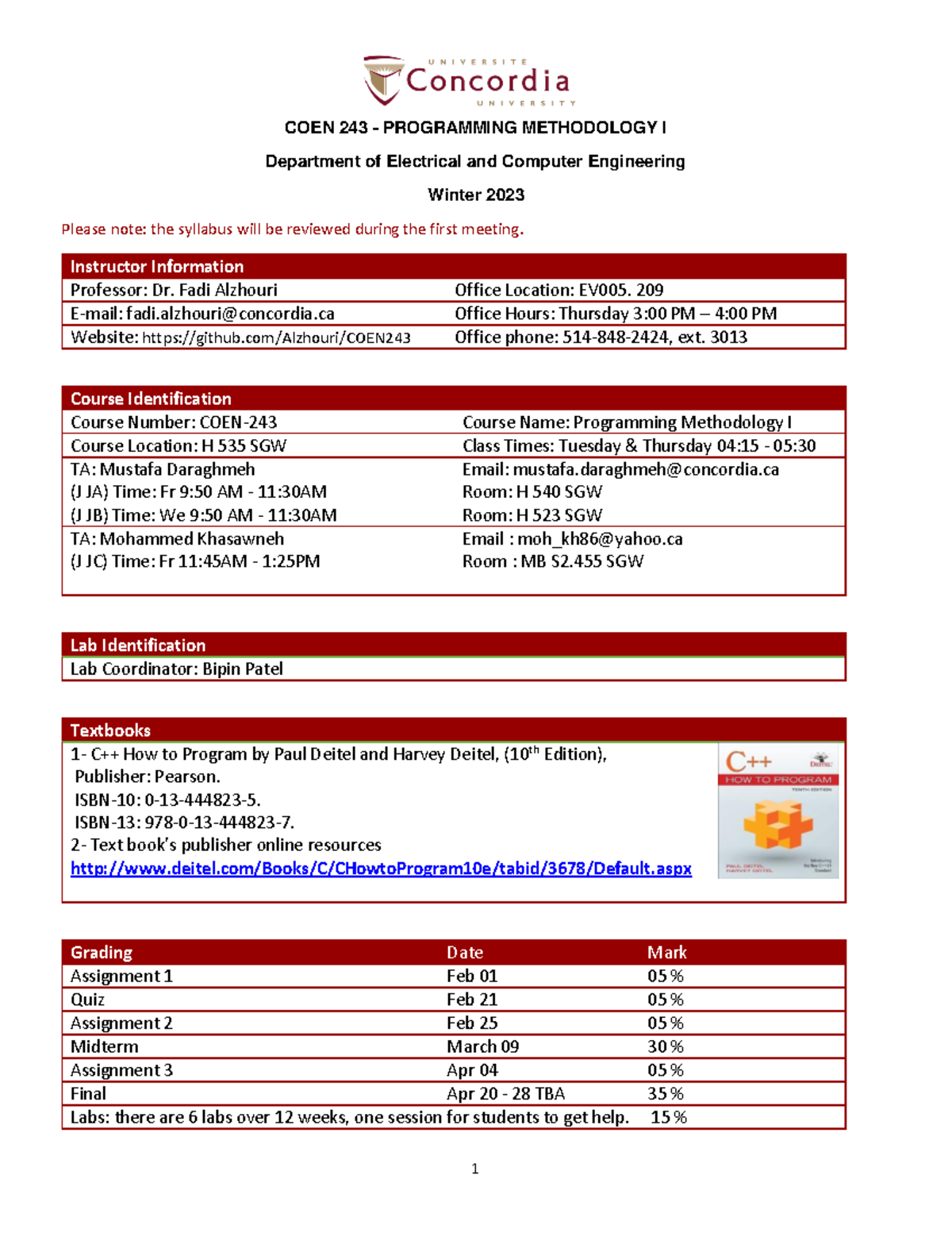 Syllabus - COEN 243 - PROGRAMMING METHODOLOGY I Department of ...