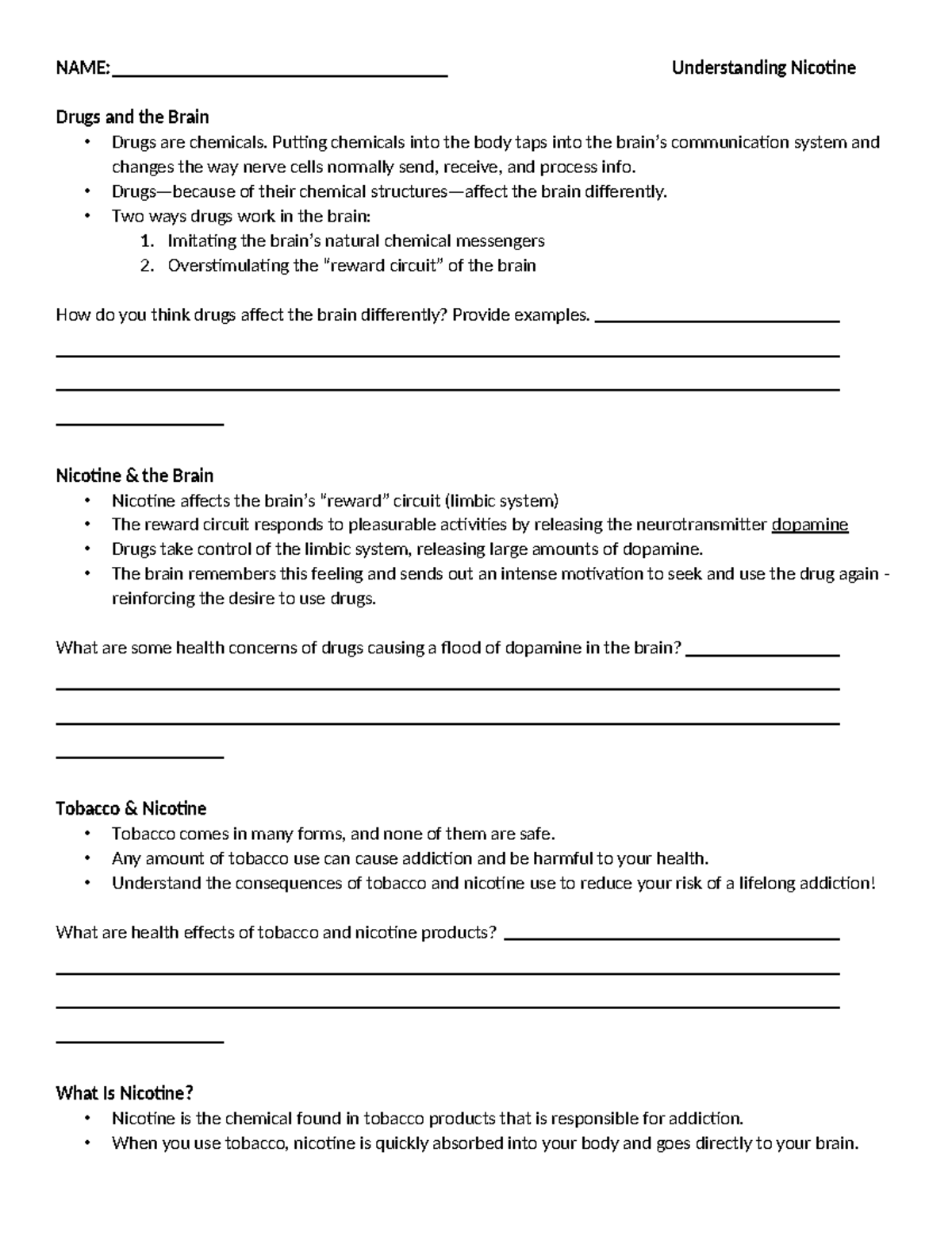 Dangers of Nicotine - NAME: Understanding Nicotine Drugs and the Brain ...