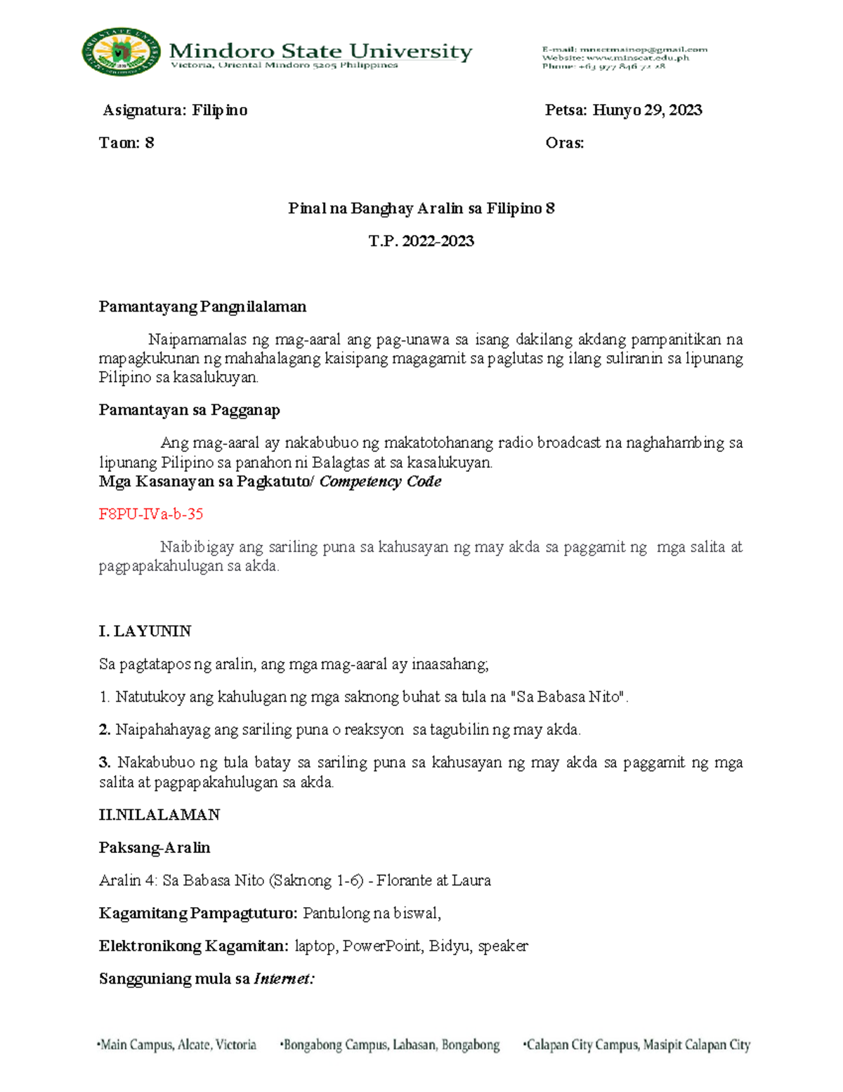 Florante at Laura(Sa Babasa Nito) - Asignatura: Filipino Petsa: Hunyo 29, 2023 Taon: 8 Oras ...