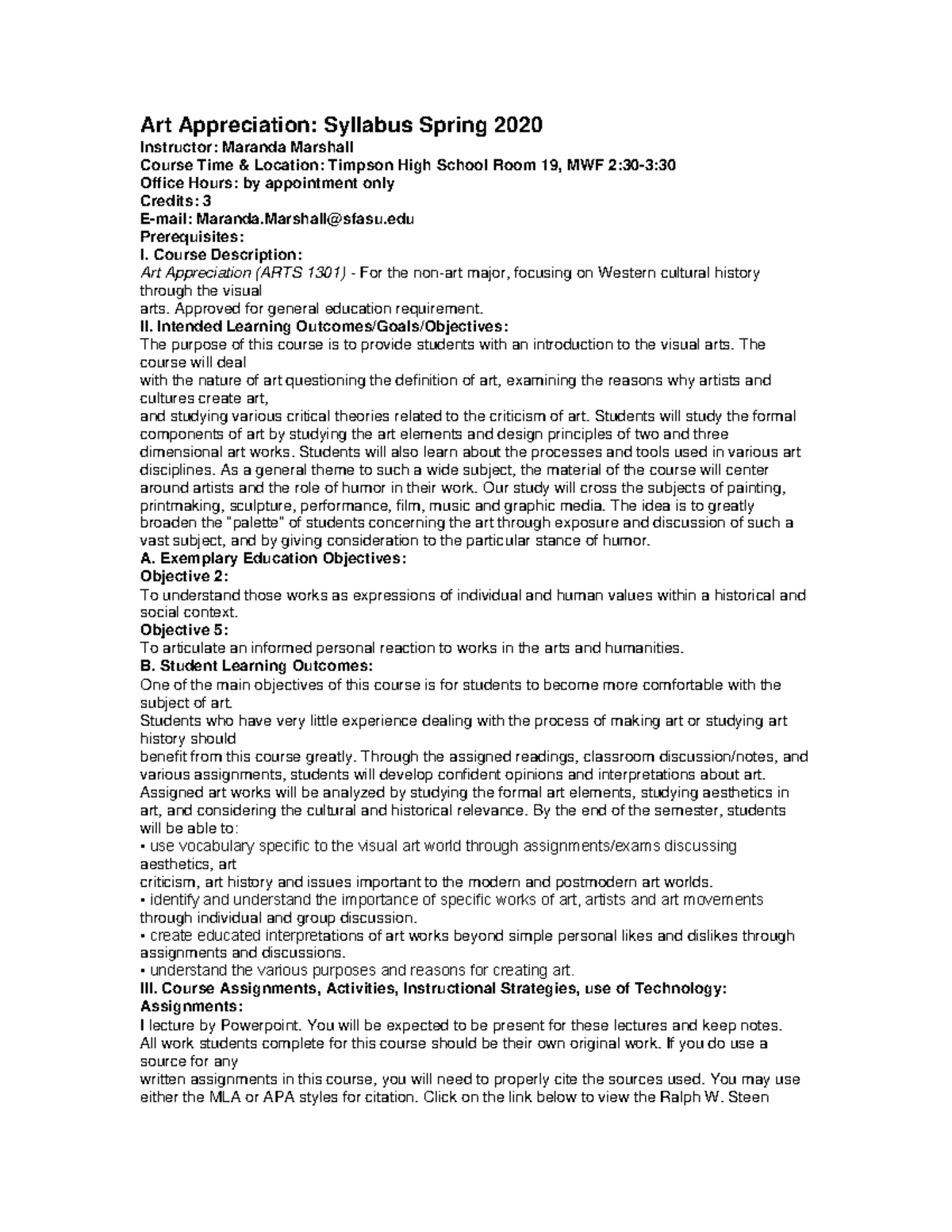 ART280400 - art syllabi - Art Appreciation: Syllabus Spring 2020 ...