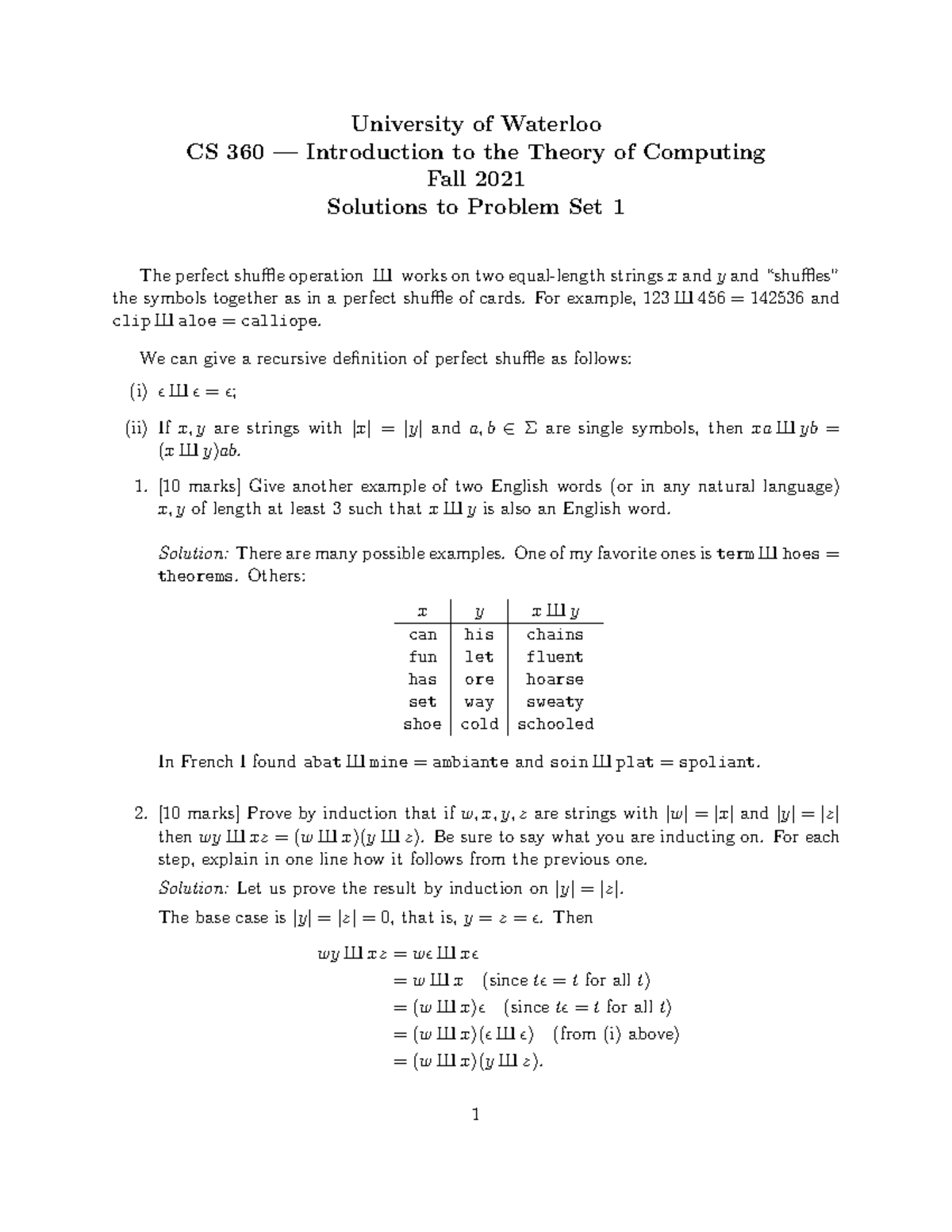 Sol1 - Assignment 1 Solution - University of Waterloo CS 360 — Introduction to the Theory of ...