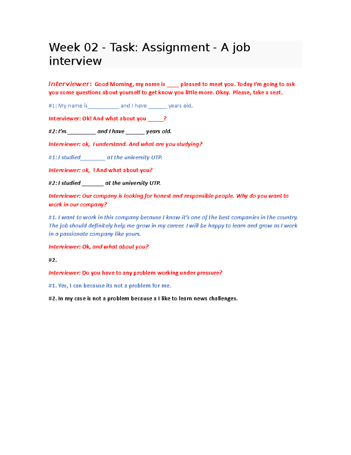 A job interview - Ingles - Week 02 - Task: Assignment - A job interview ...