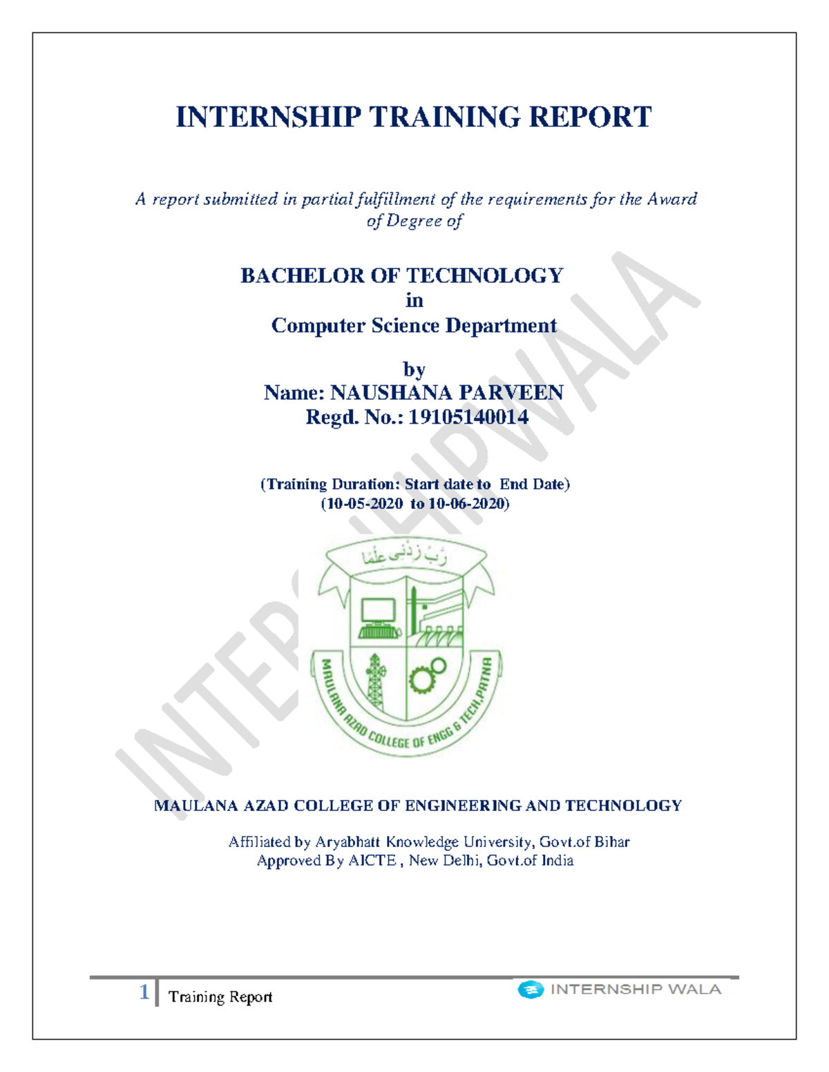 Internship Report ( Naushana Parveen) - INTERNSHIP TRAINING REPORT A ...