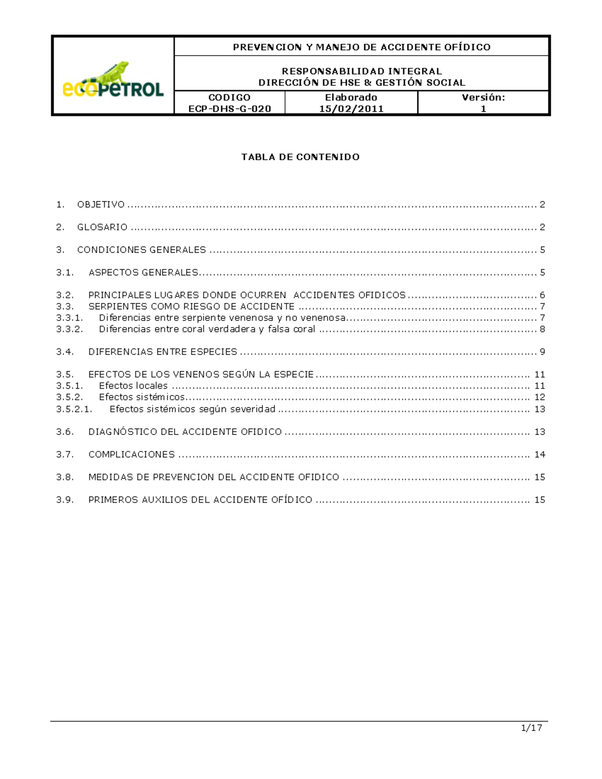 ECP-DHS-G-020 Prevencion Y Manejo DE Accidente Ofidico - ####### RESPONSABILIDAD INTEGRAL ...