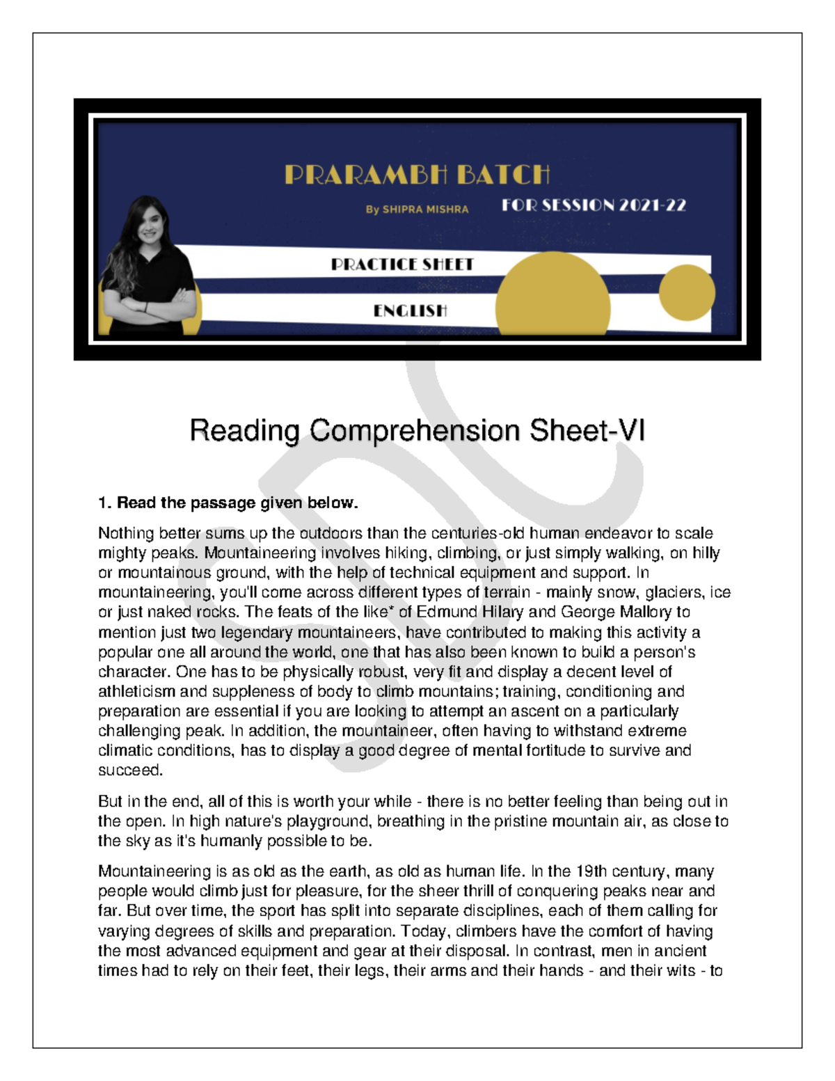 Reading COMP VI - Jajwjw - Reading Comprehension Sheet-VI Read the ...