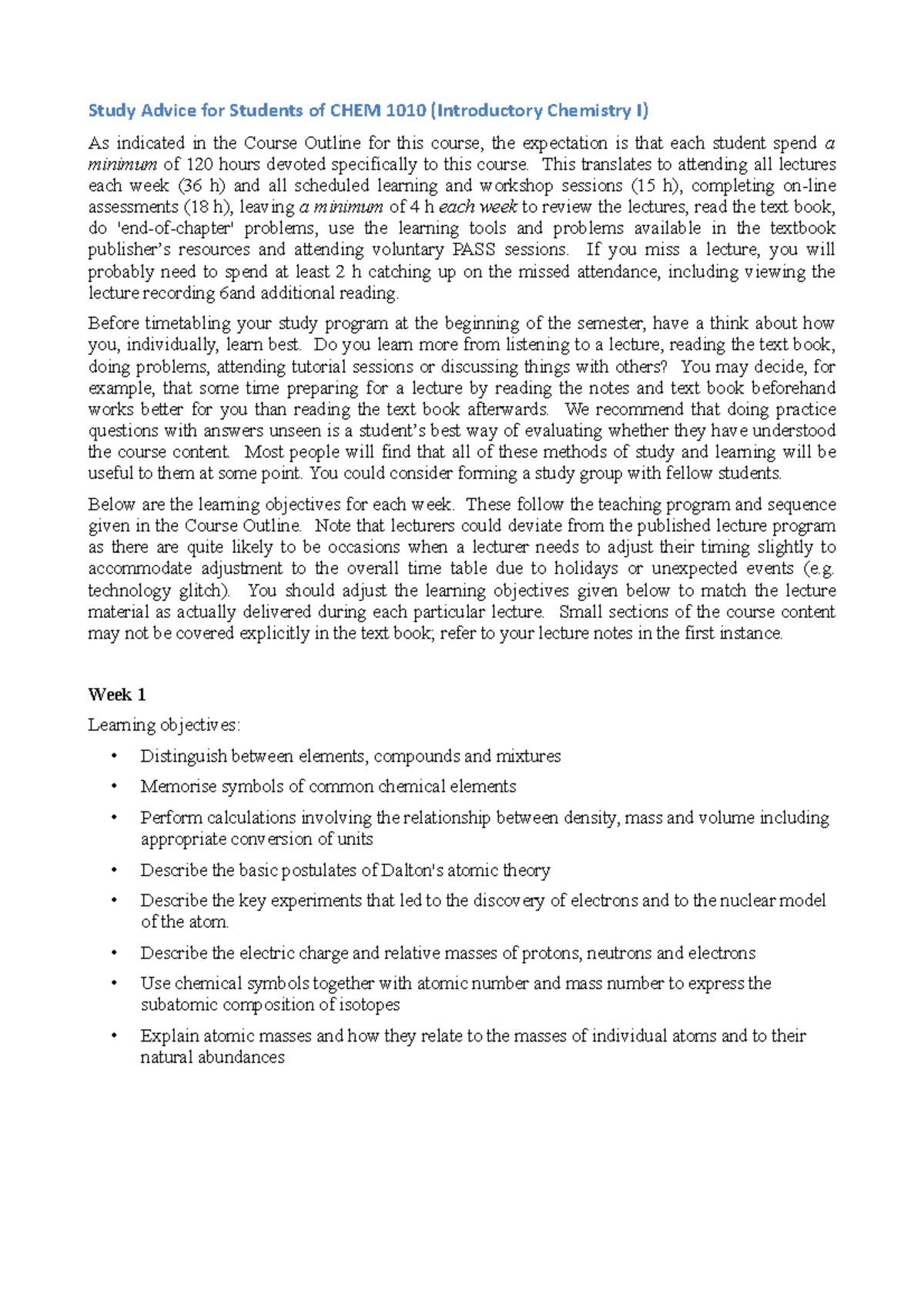 CHEM1010 Learning Objectives 2021 - Study Advice for Students of CHEM ...