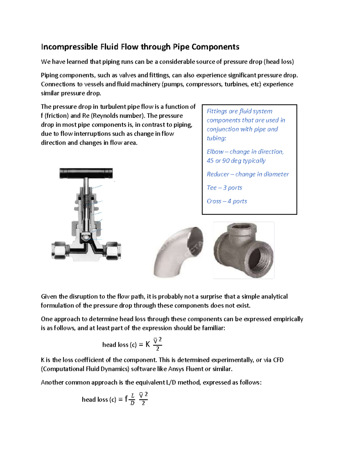 2) Incompressible Fluid Flow through Pipe Components - Connections to ...