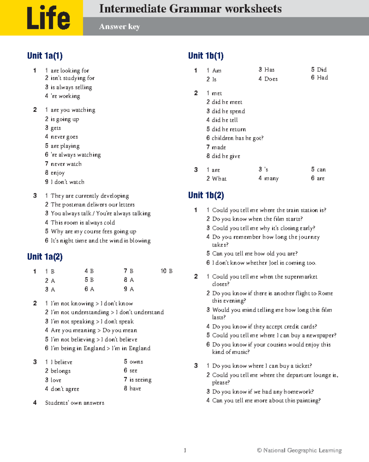 Intermediate Grammar Practice Worksheets Answer Key 0 - Life Answer key ...